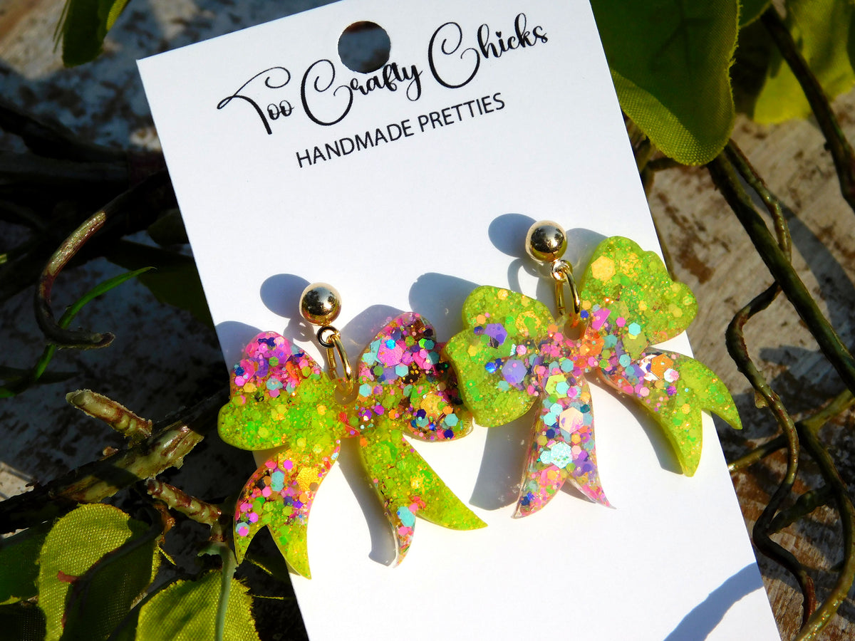 Lime Green & Chandler Confetti Bow Dangles – Too Crafty Chicks